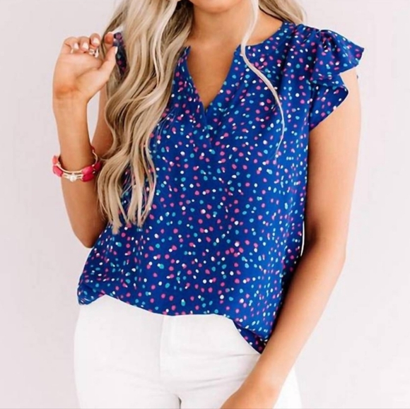 ANDREE BY UNIT | Tops | Andree By Unit Blue Confetti Burst Ruffle ...